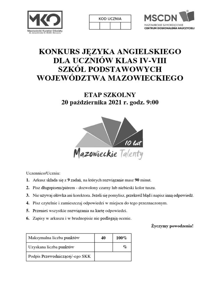 Konkurs Kuratoryjny Angielski 2022 Szkolny Mazowieckie | PDF
