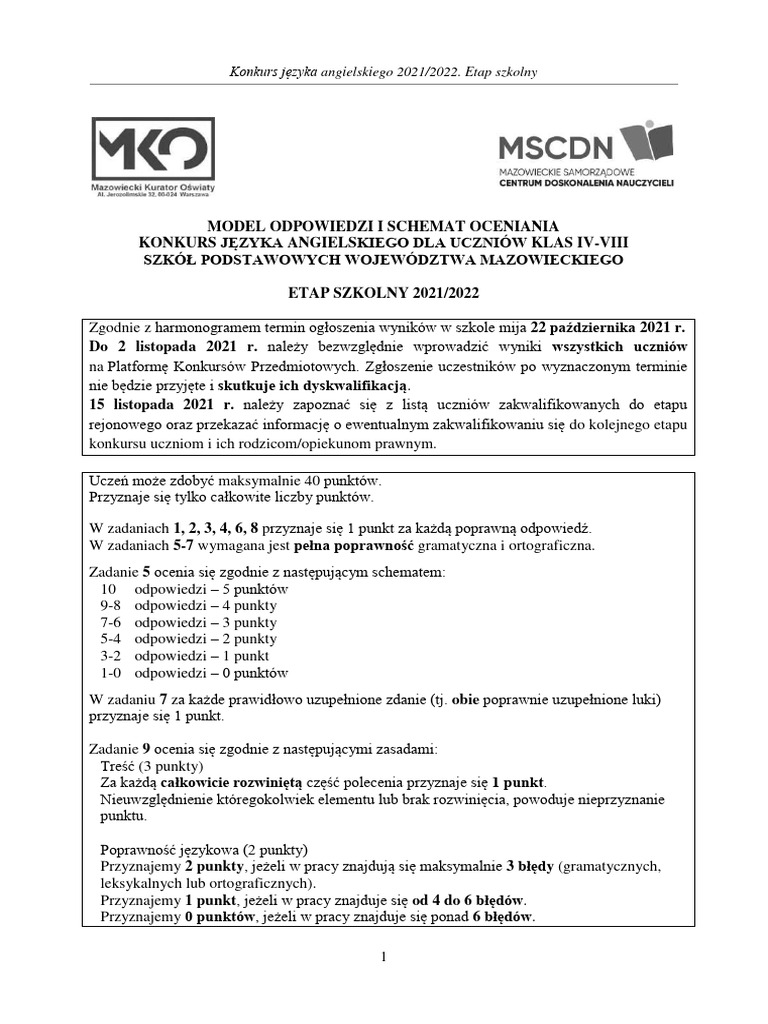 Konkurs Kuratoryjny Angielski 2022 Szkolny Mazowieckie Odpowiedzi | PDF