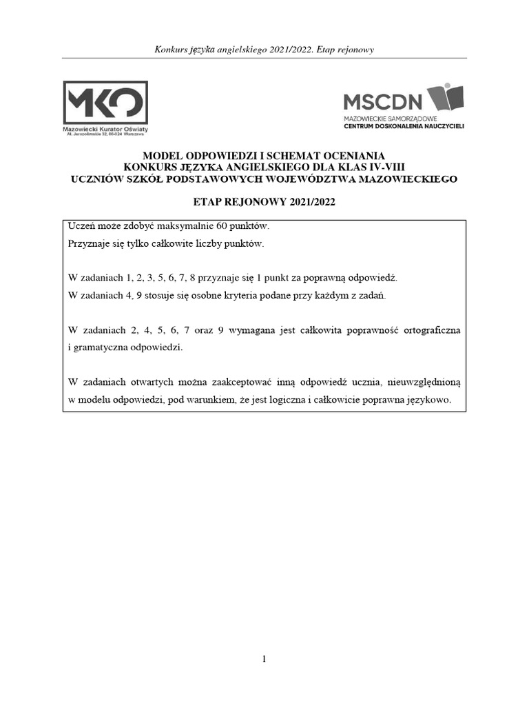 Konkurs Kuratoryjny Angielski 2022 Rejonowy Mazowieckie Odpowiedzi | PDF