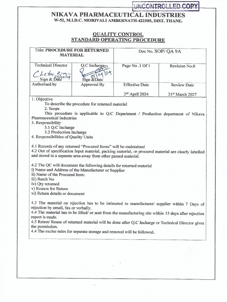 SOP QA 9A Procedure for Returned Material | PDF