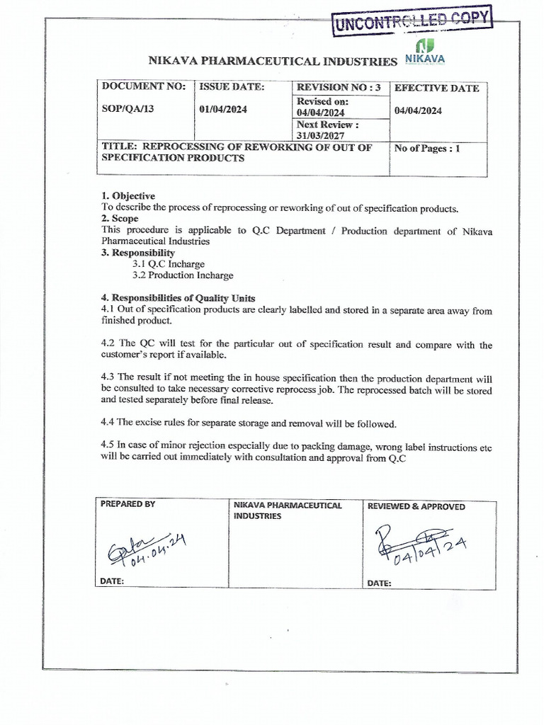 SOP QA 13 Reprocessing of Reworking of Out of Specification Products | PDF