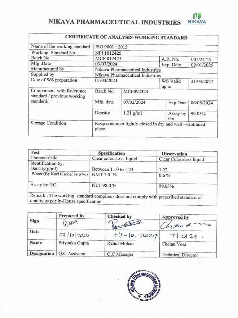 Working Standard COA MCF | PDF