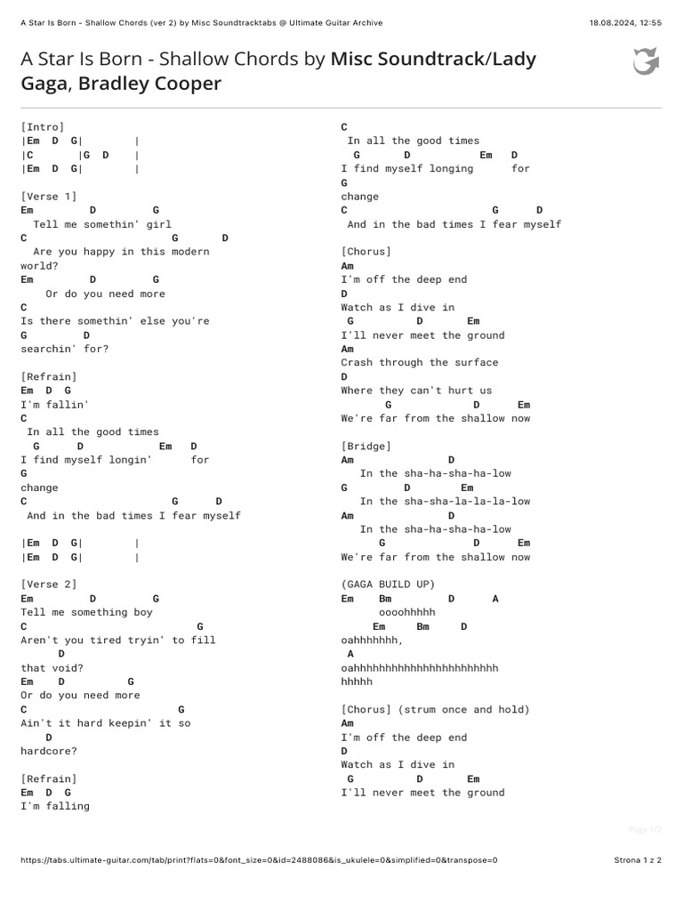 A Star Is Born - Shallow Chords (Ver 2) by Misc Soundtracktabs at ...