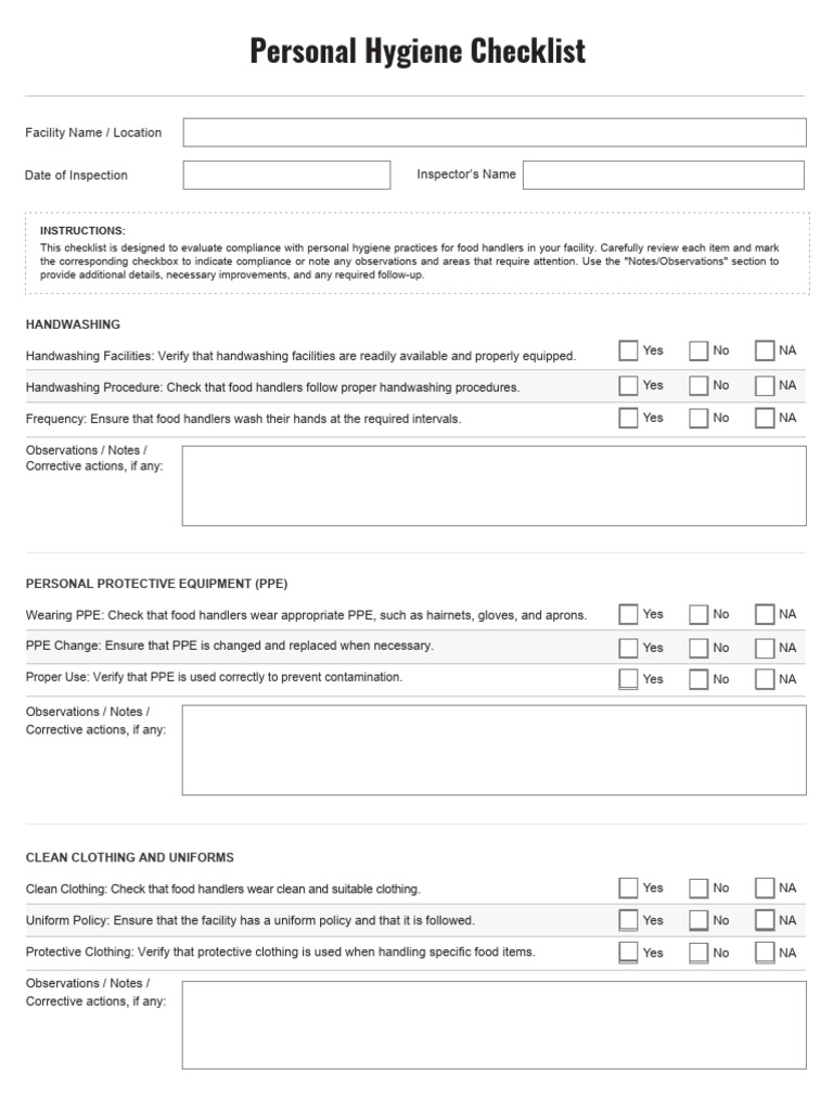 Personal Hygiene Checklist | PDF