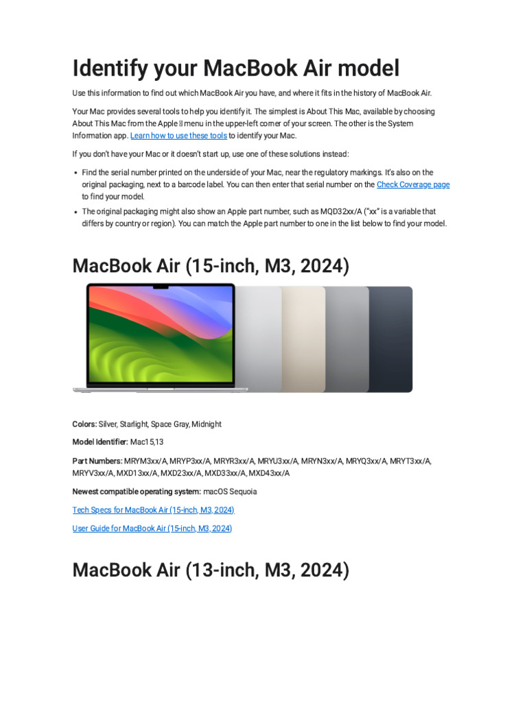Identify Your MacBook Air Model - Apple Support | PDF