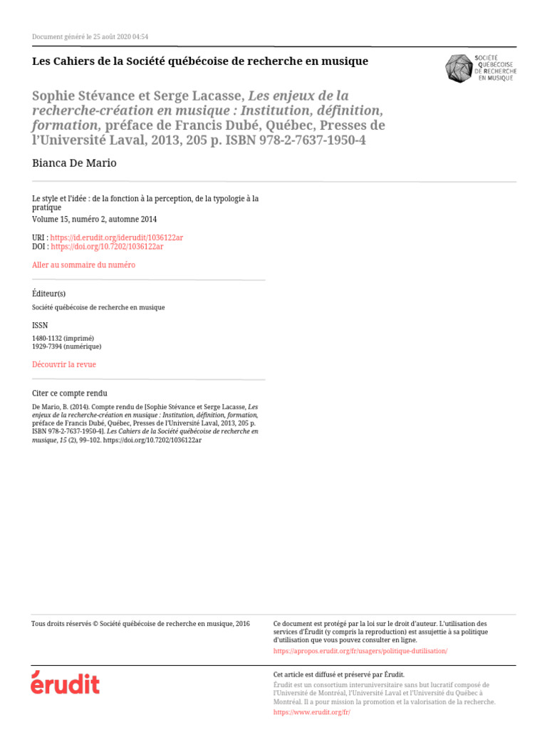 Stévance Sophie Et Lacasse Serge, Les Enjeux de La Recherche-Création ...