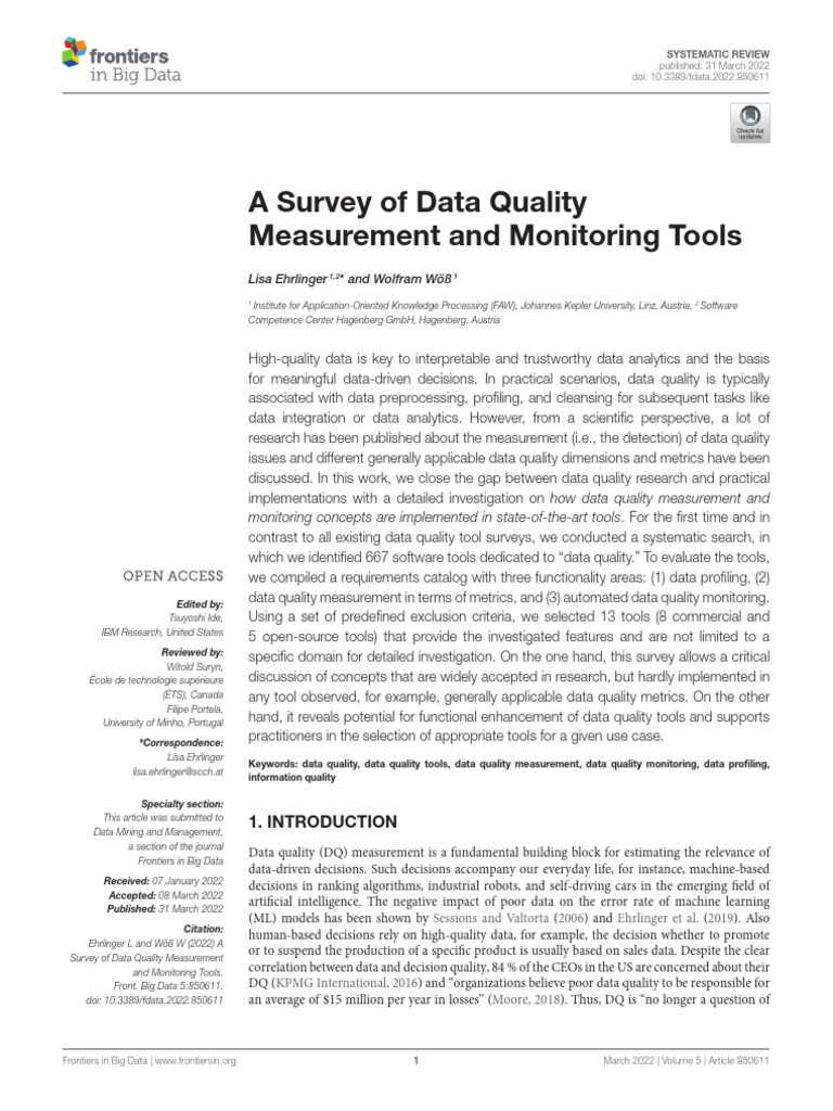 A Survey Of Data Quality Measurement And Monitoring Tools Pdf