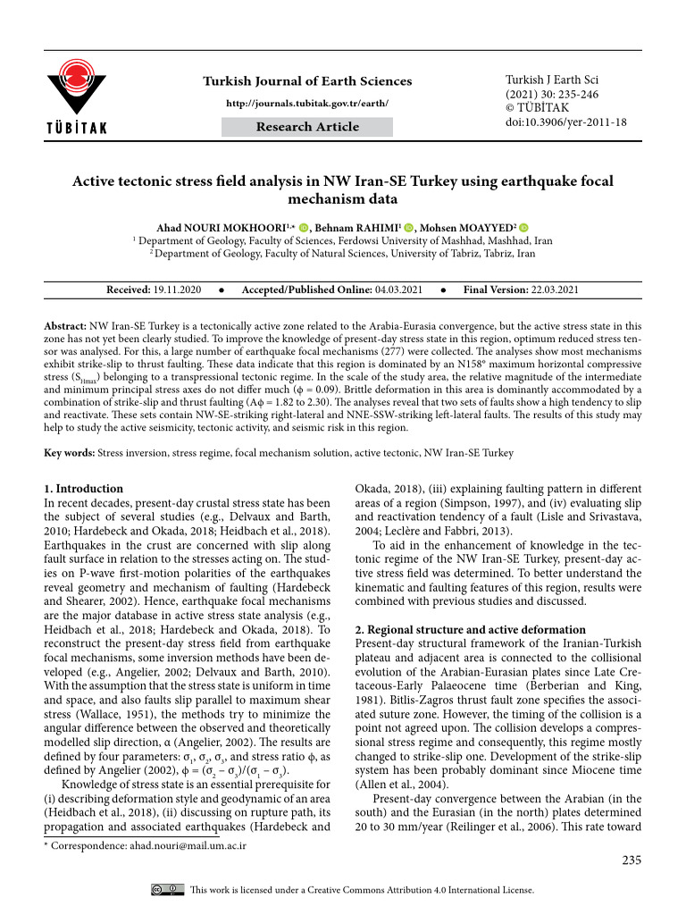 Active Tectonic Stress Field Analysis in NW Iran - SE Turkey Using Earthquake Focal Mechanism ...