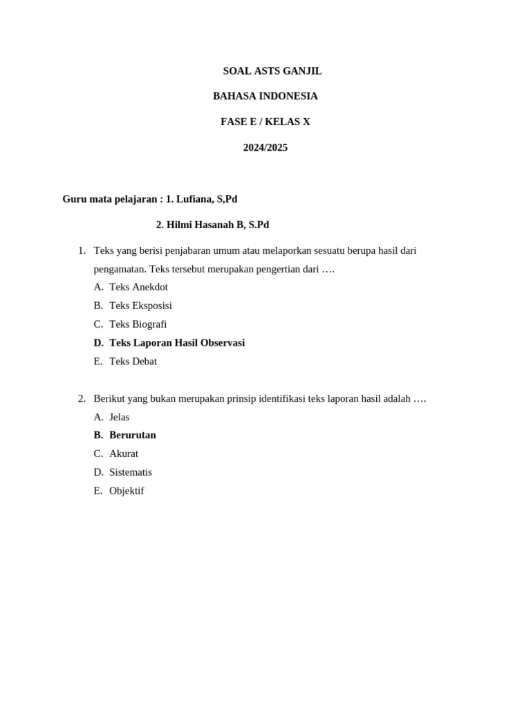 Naskah Soal ASTS BINDO Kelas X | PDF