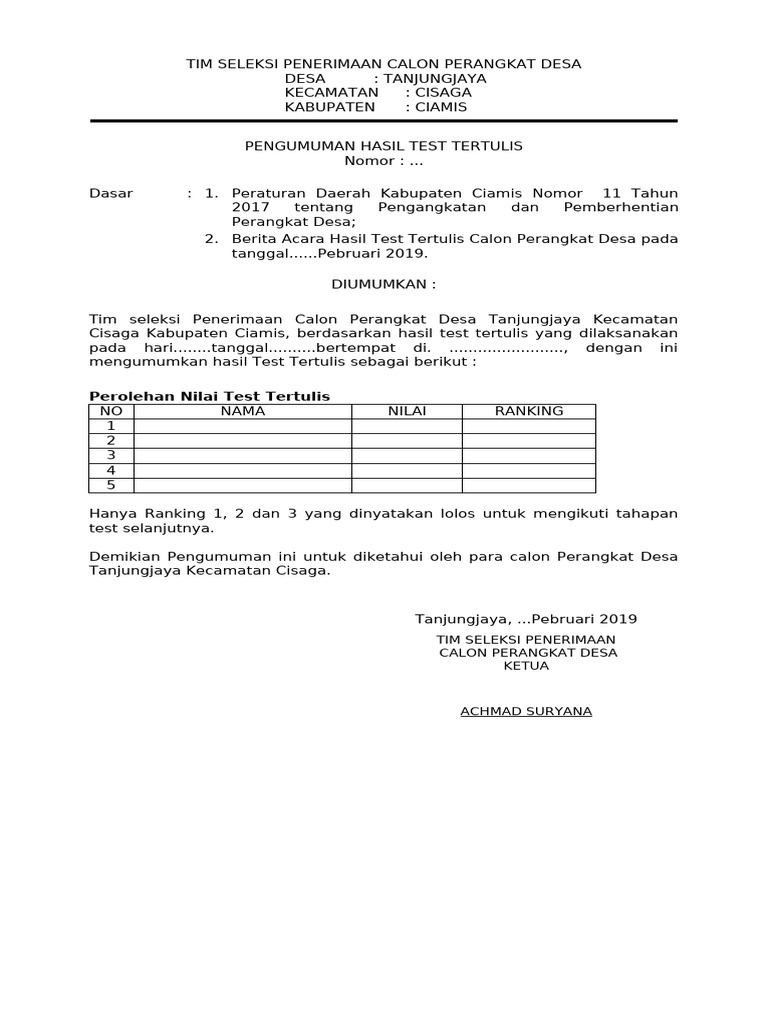 Pengumuman Hasil Test Tertulis | PDF