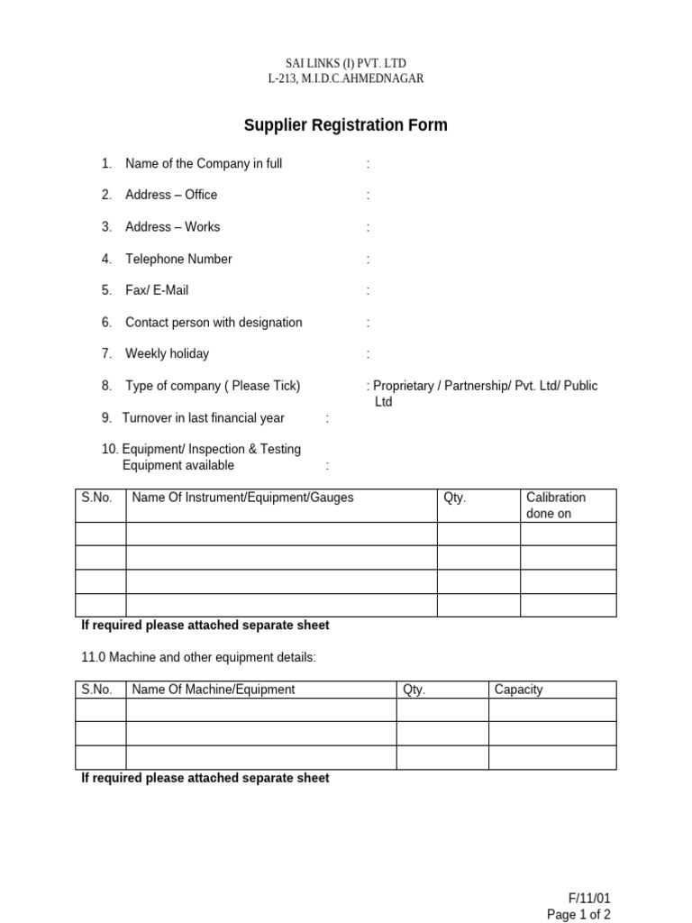 F 11 Supplier Registration Form r1 | PDF