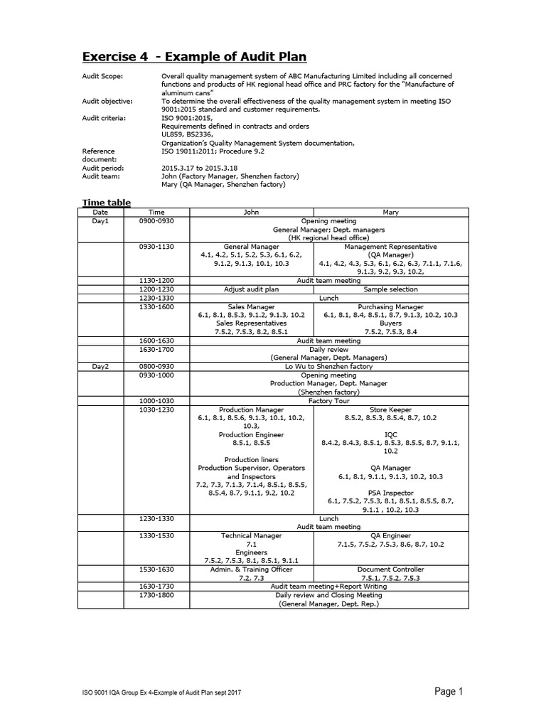 ISO 9001 IQA Group Ex 4-Example of Audit Plan Sept 2017 | PDF
