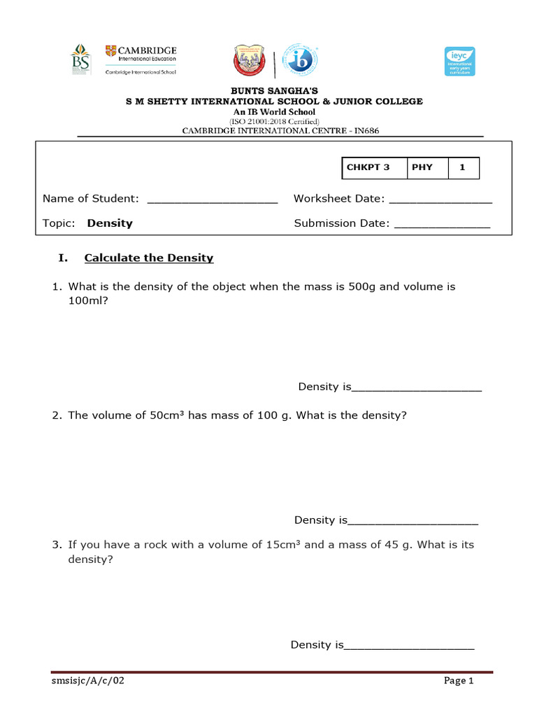 Phy Ws 1 | PDF | Density | Home & Garden