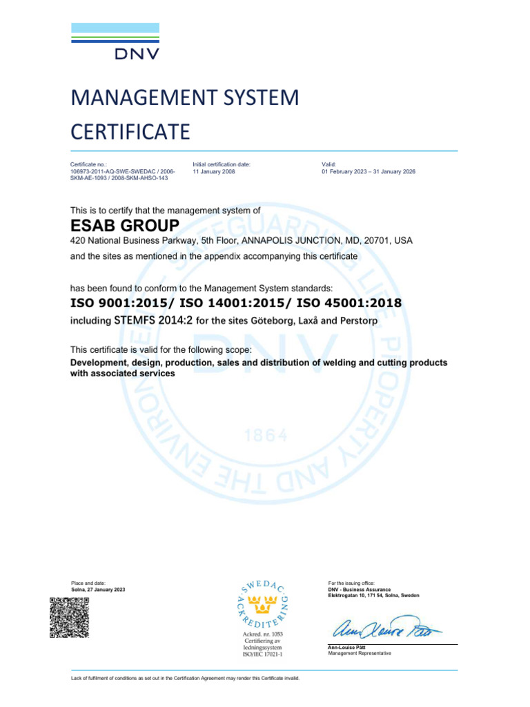ESAB Group ISO Triple Certificate 2026-01-31 | PDF