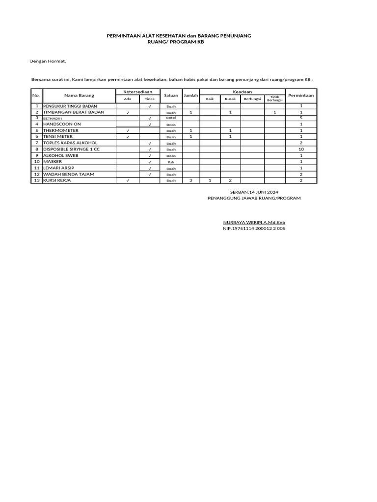 Format Permintaan Alkes Ruangan | PDF