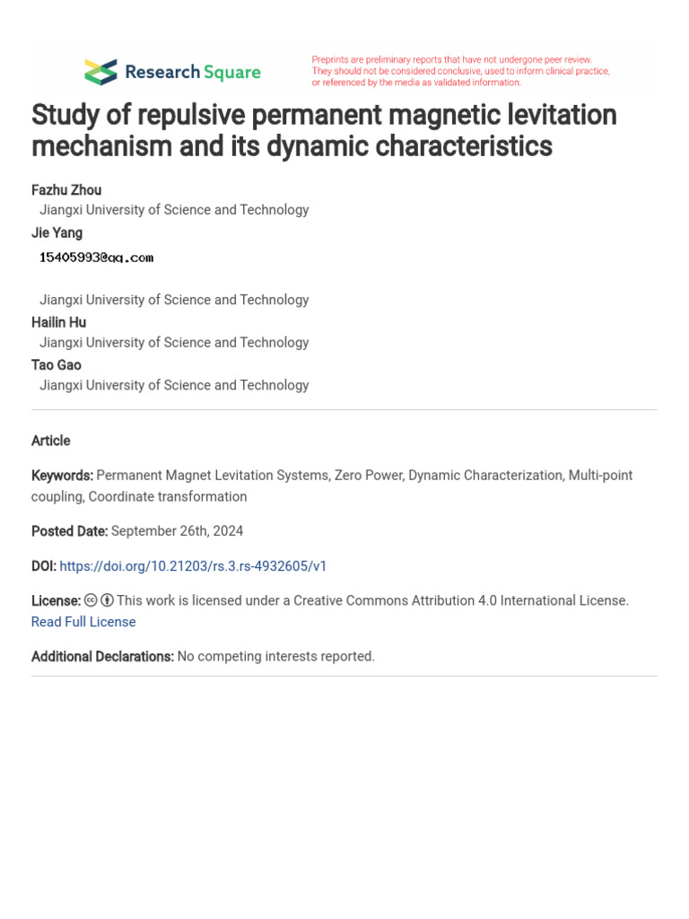 Study of Repulsive Permanent Magnetic Levitation M | PDF