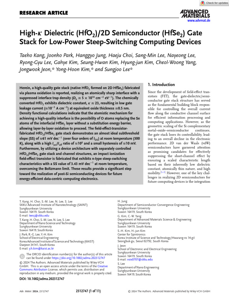 Advanced Materials - 2024 - Kang - High Dielectric HfO2 2D ...