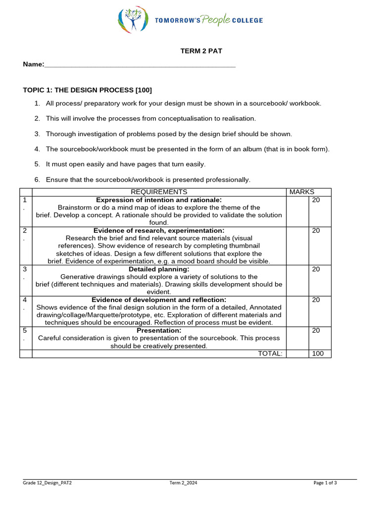 Grade 12 Design PAT T2 - 2024 | PDF