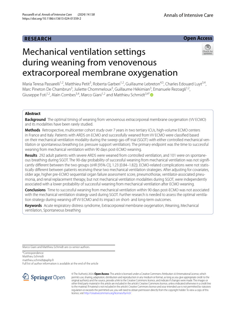 Mechanical Ventilation Settings During Weaning From Venovenous Extracorporeal Membrane ...