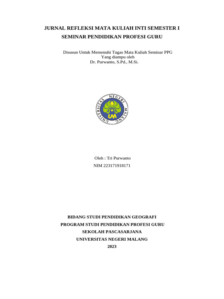Tri Purwanto-JURNAL REFLEKSI MATA KULIAH INTI SEMESTER I DAN II | PDF