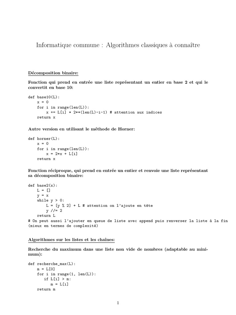 Algorithmes Classiques à Connaître | PDF