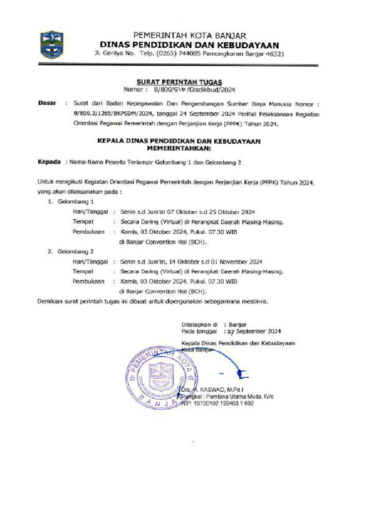 Surat Perintah Tugas Orientasi PPPK 2024 - Compressed - Compressed | PDF