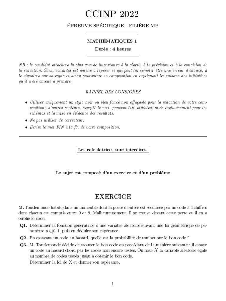 2022 Ccinp Math1 | PDF