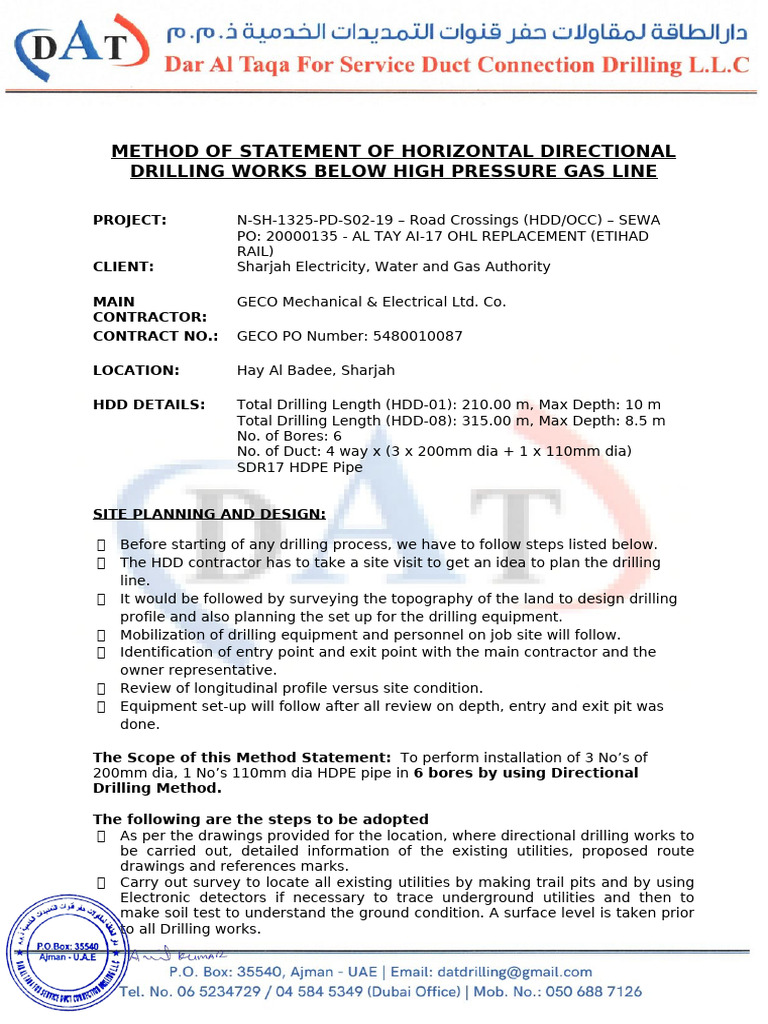 HDD - Method Statement - Below High Pressure Gas Line | PDF