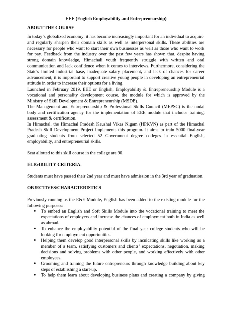 EEE (English Employability and Entrepreneurship) About The Course | PDF