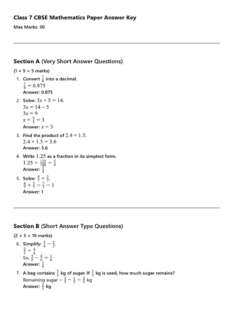 7th Math Cbse - 2,4 30 Marks - Anwer Key | PDF