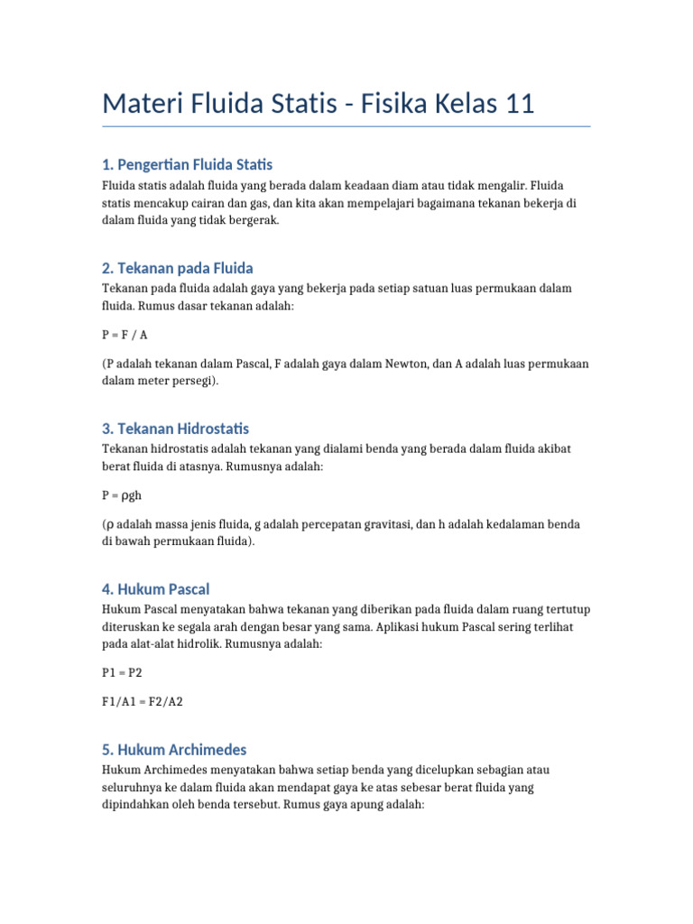 Materi Fluida Statis Fisika Kelas 11 | PDF
