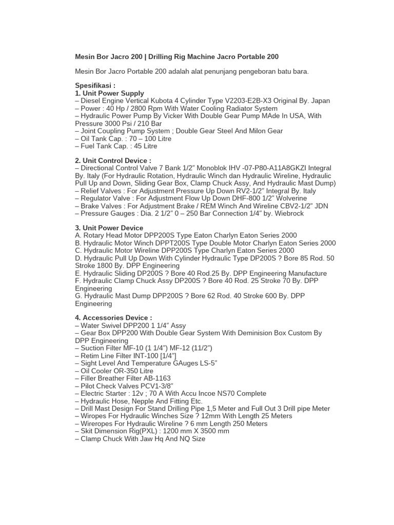 Spesifikasi Mesin Bor Jacro 200 | PDF
