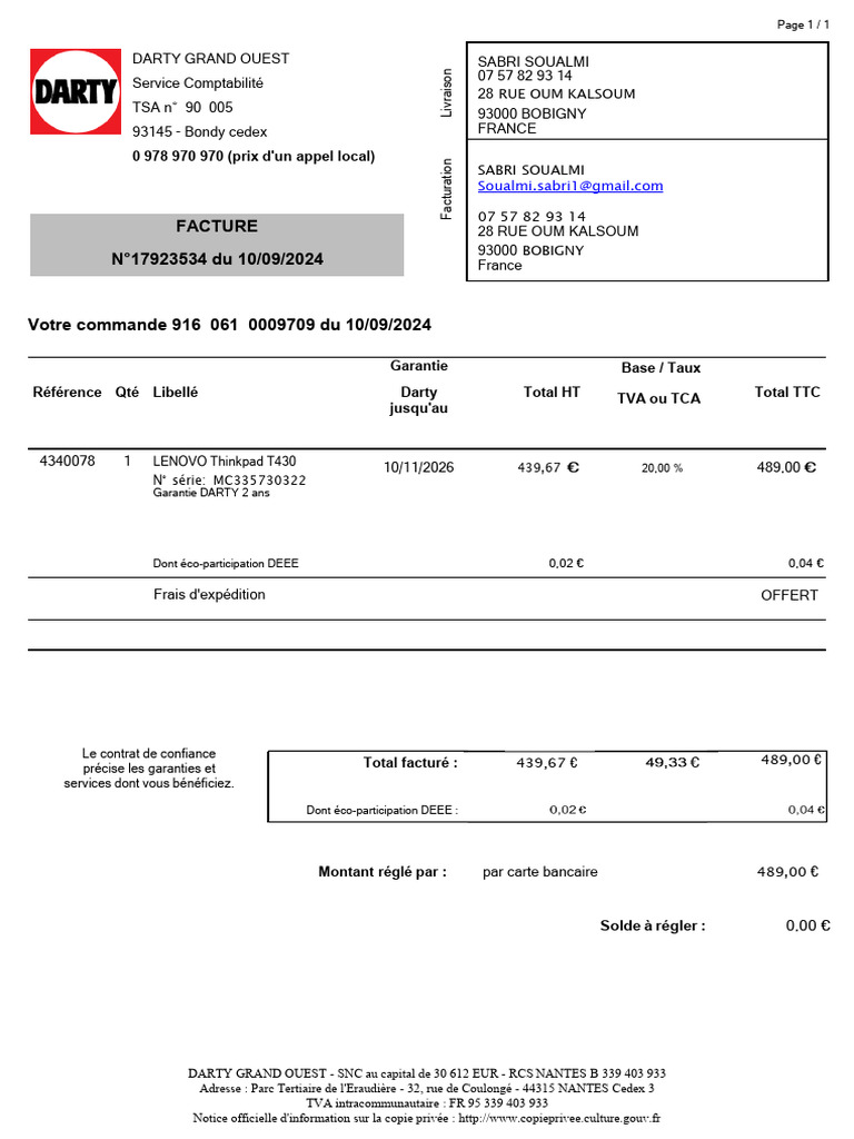 Facture DARTY LENOVO Thinkpad | PDF