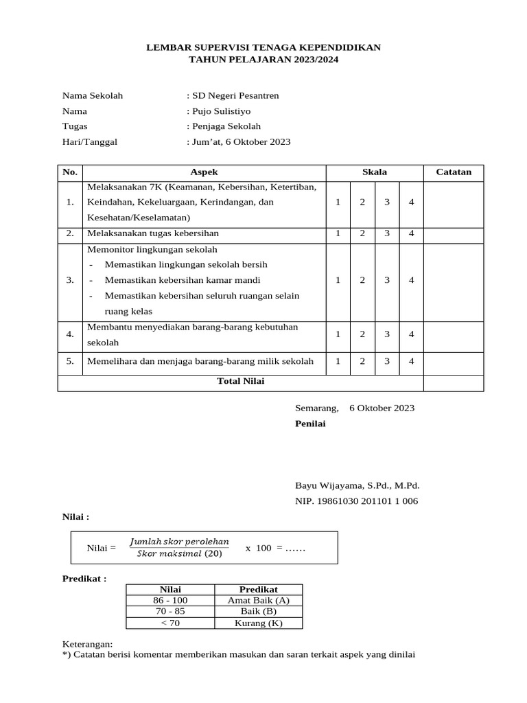 Instrumen Supervisi Tendik | PDF