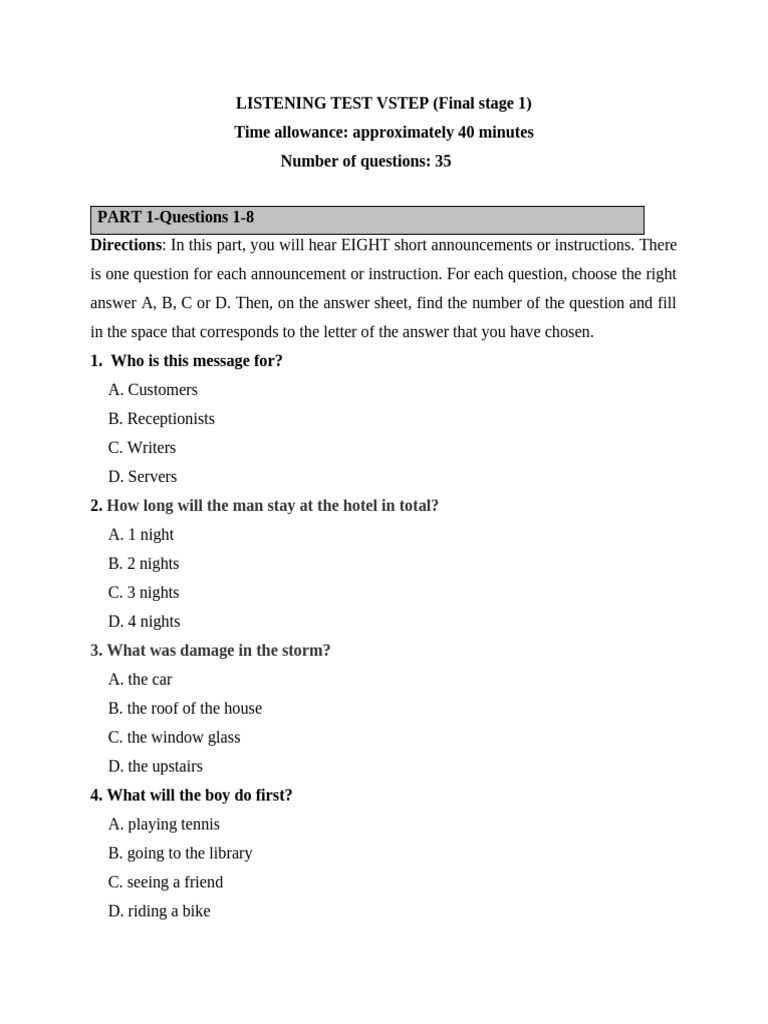 Test Listening Vstep 1 (Final) | PDF