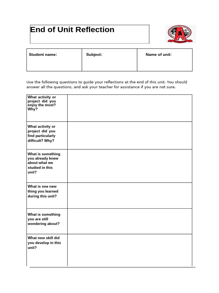 PHE End-Of-Unit-Reflection-Template | PDF