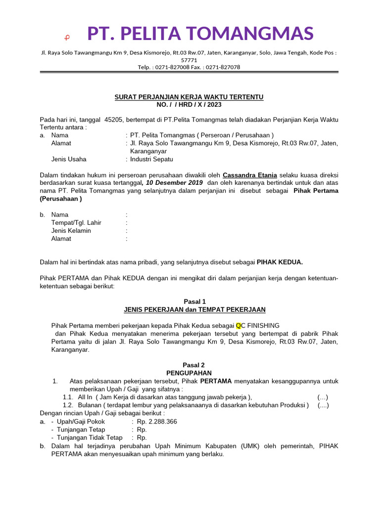 Pendaftaran PKWT DRAFT | PDF