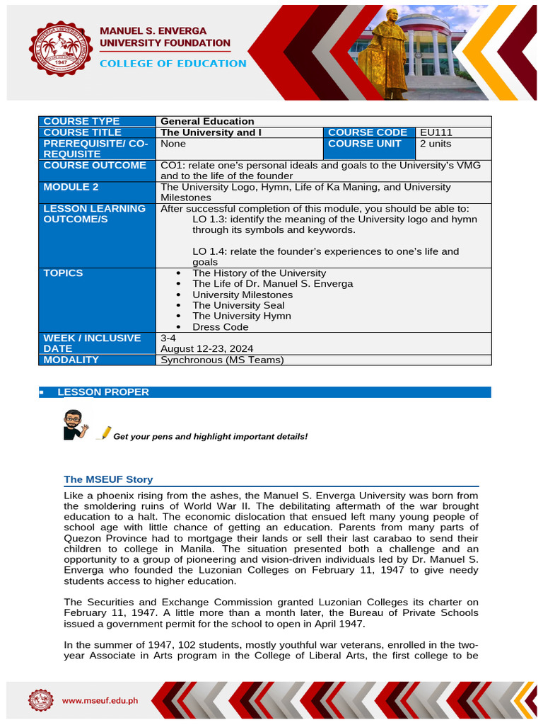 MODULE 2 EU111 - Univeristy Logo Hymn Founder and Milestones | PDF