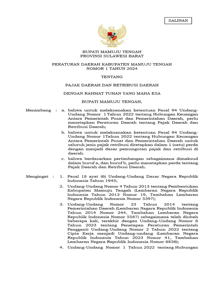 Perda Mamuju Tengah Nomor 1 Tahun 2024 | PDF