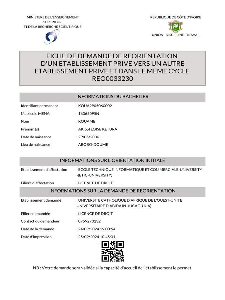 Demande-Reorientation KETURA | PDF