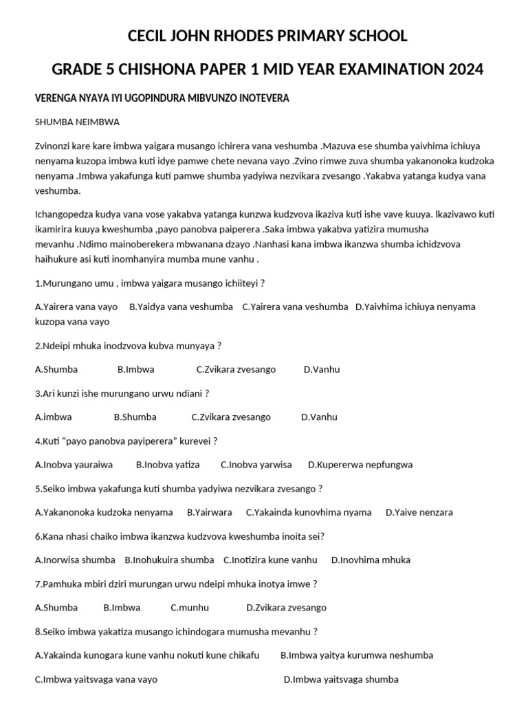 2024 grade 5 CHISHONA paper 1 mid year (Autosaved) | PDF