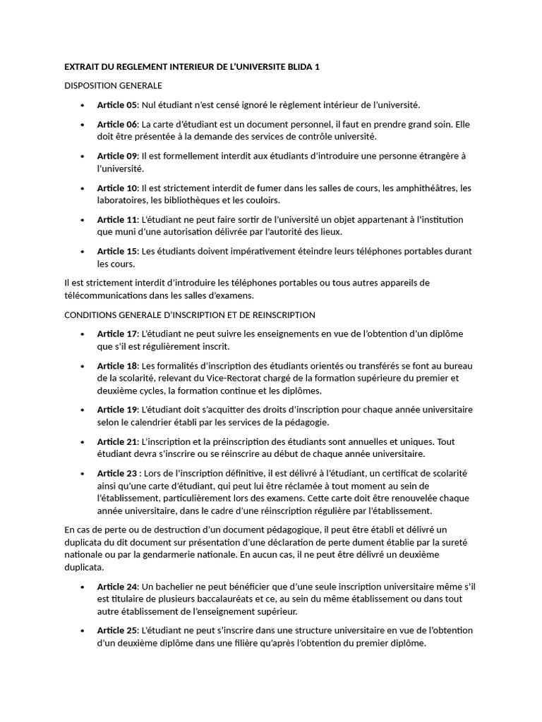 EXTRAIT DU REGLEMENT INTERIEUR Blida 1 | PDF
