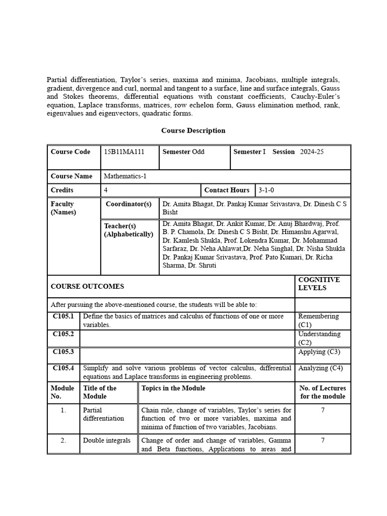 CD - C105 - 15B11MA111 - Mathematics1 - Odd 2024 | PDF