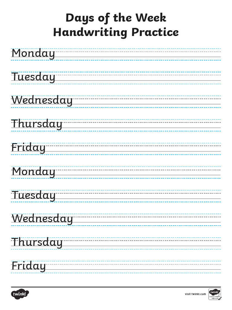 Days of the Week Handwriting Practice Activity Sheet | PDF