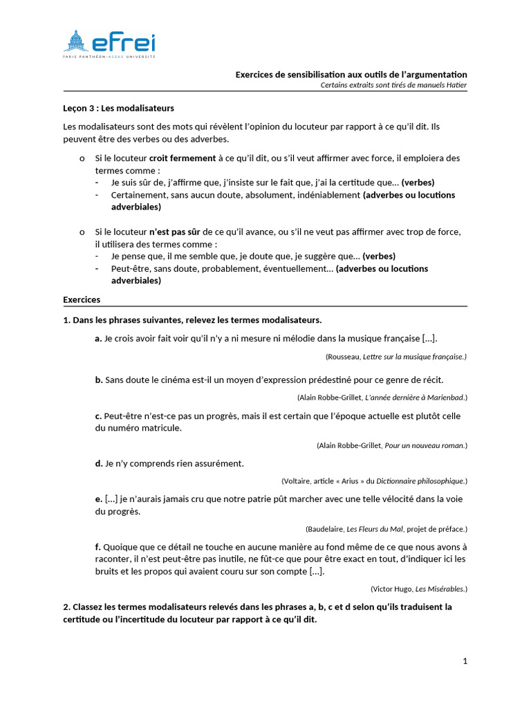 Leçon 3 Modalisateurs Exercices | PDF