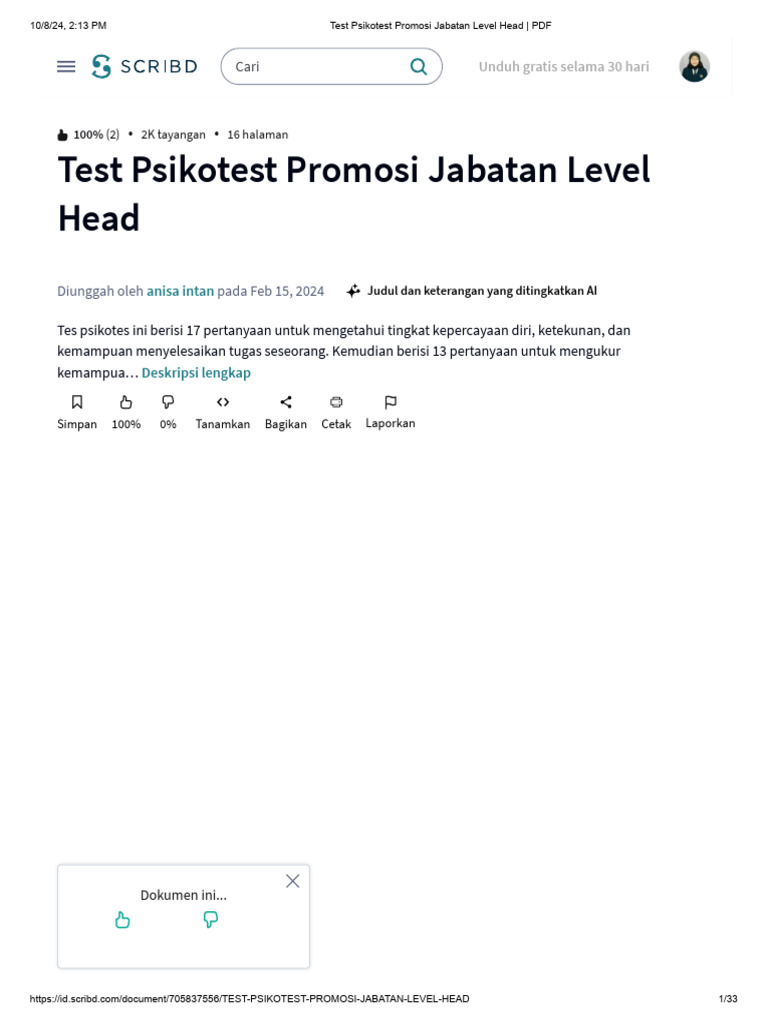 Test Psikotest Promosi Jabatan Level Head - PDF | PDF