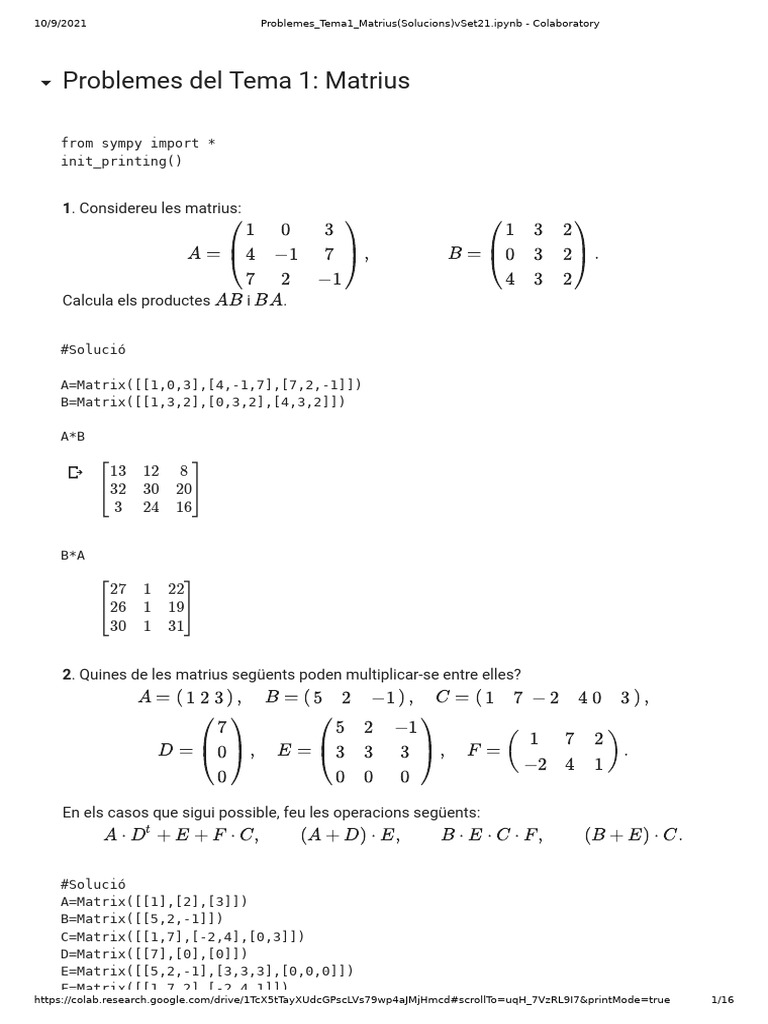 Problemes Del Tema 1 - Matrius (Solucions) | PDF