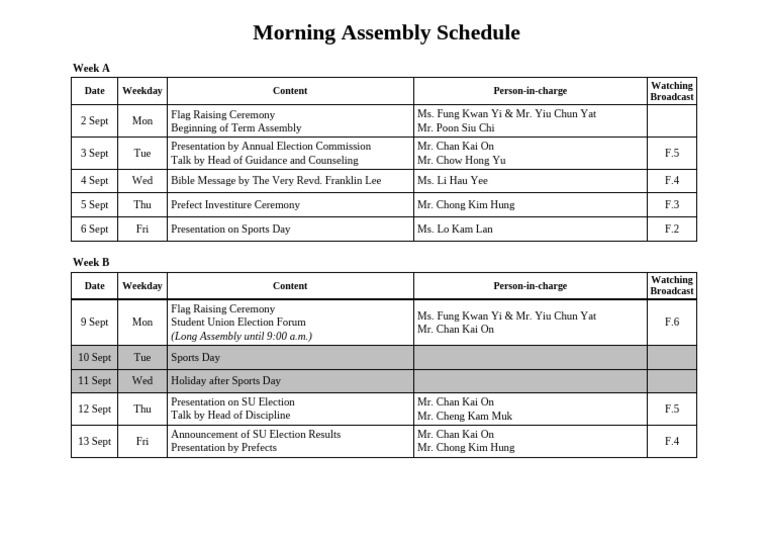 Assembly Schedule (2 Sept - 13 Sept) | PDF