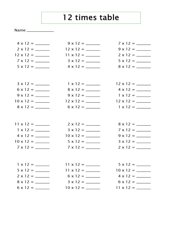 12 Times Table Worksheets ws4 | PDF