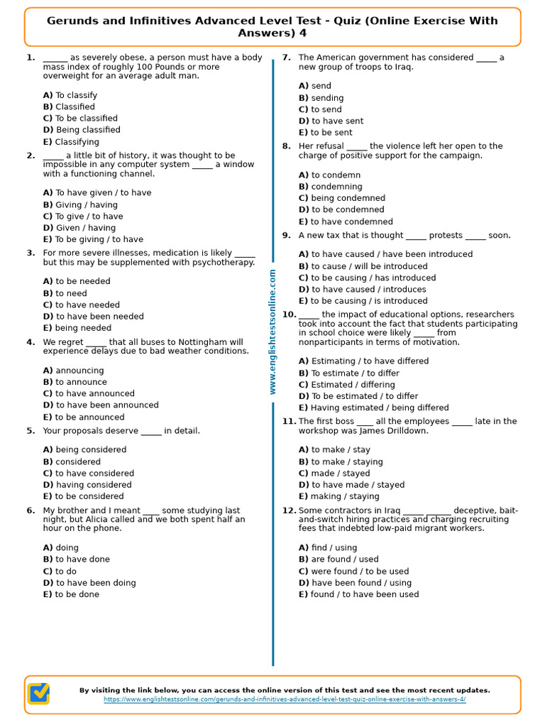 338 Gerunds and Infinitives Advanced Level Test Quiz Online Exercise ...
